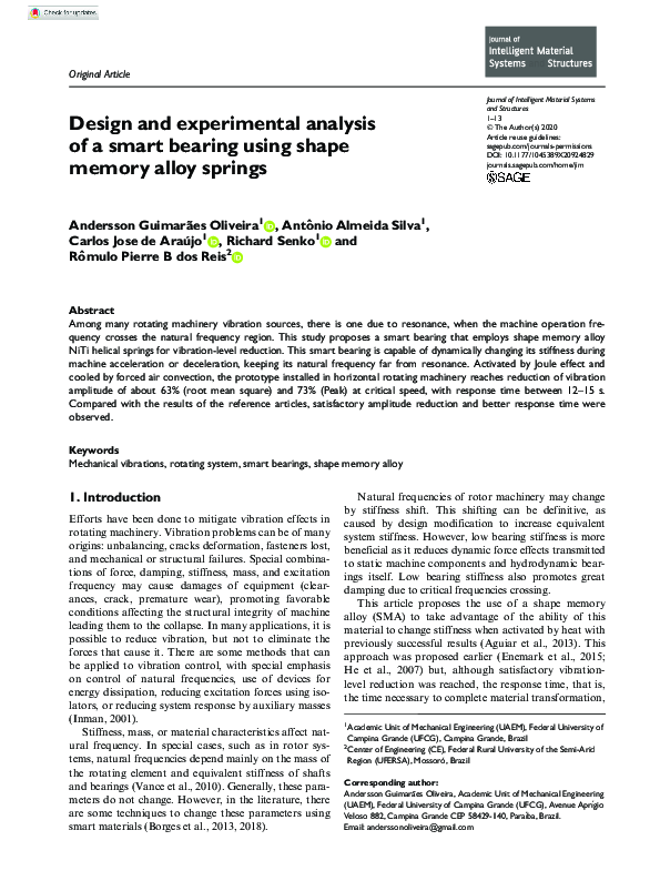 (PDF) Design and experimental analysis of a smart bearing using shape ...