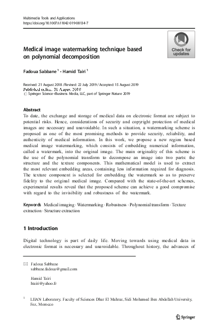 (PDF) Medical image watermarking technique based on polynomial decomposition | Hamid Tairi ...