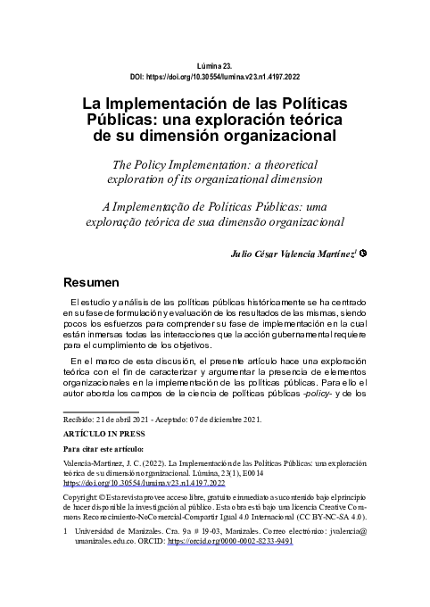 (PDF) El Estudio de la Implementación de las Políticas Públicas: una exploración teórica de su ...