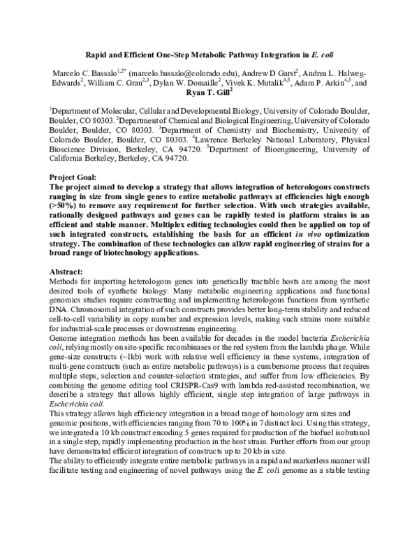 (PDF) Rapid and Efficient One-Step Metabolic Pathway Integration in E. coli