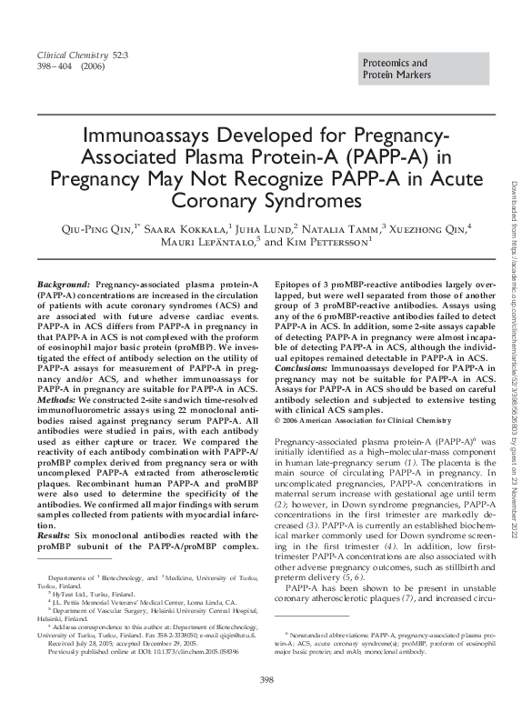 (PDF) Immunoassays Developed for Pregnancy-Associated Plasma Protein-A ...