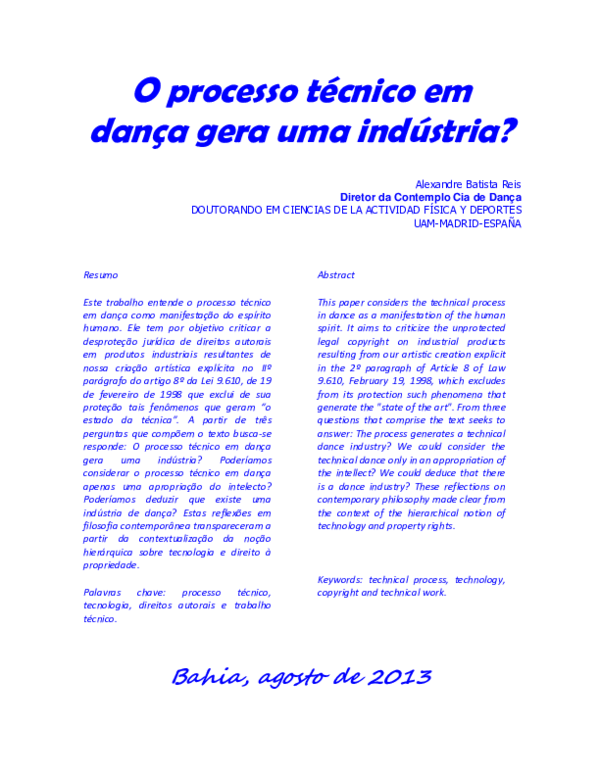 Pdf O Processo Técnico Em Dança Gera Uma Indústria