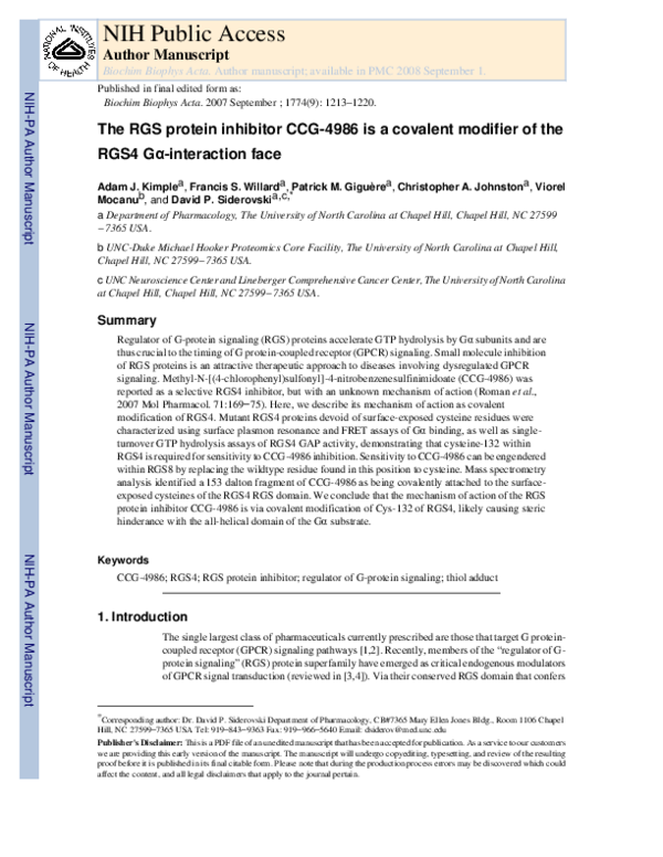 (PDF) The RGS protein inhibitor CCG-4986 is a covalent modifier of the ...
