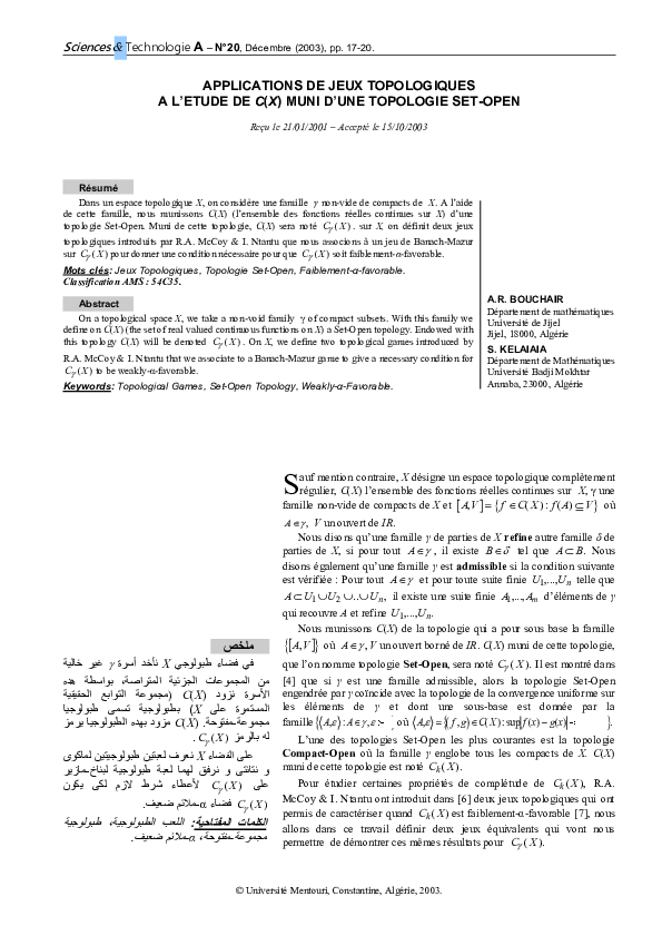 (PDF) Applications De Jeux Topologiques a L’Etude De C(X) Muni D’Une ... (PDF) Applications De Jeux Topologiques a L’Etude De C(X) Muni D’Une ...