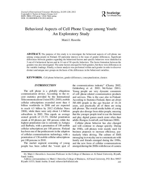 (PDF) Behavioral aspects of cell phone usage among youth: an ...