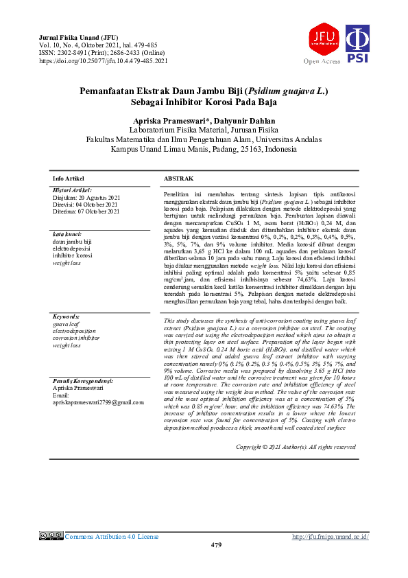 (PDF) Pemanfaatan Ekstrak Daun Jambu Biji (Psidium juajava) sebagai Inhibitor Korosi Pada Baja