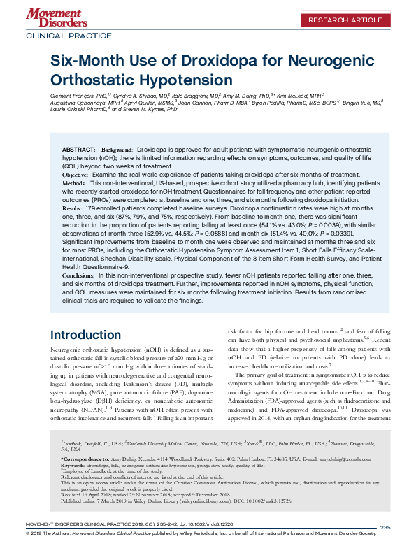 (PDF) Six‐Month Use of Droxidopa for Neurogenic Orthostatic Hypotension