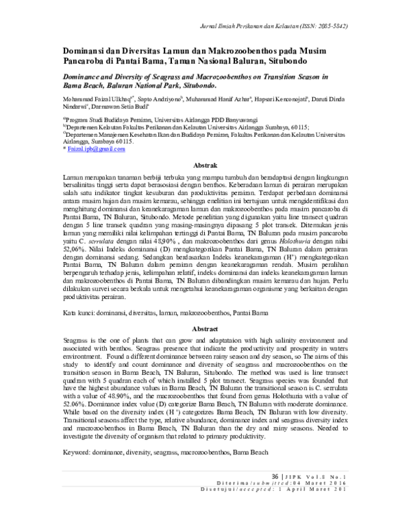 (PDF) Dominansi dan Diversitas Lamun dan Makrozoobenthos pada Musim Pancaroba di Pantai Bama ...
