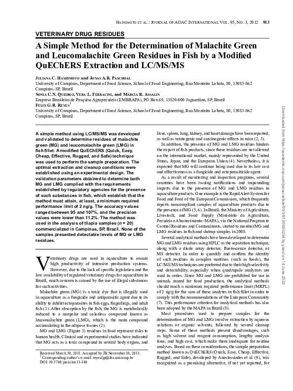 (PDF) A Simple Method for the Determination of Malachite Green and Leucomalachite Green Residues ...