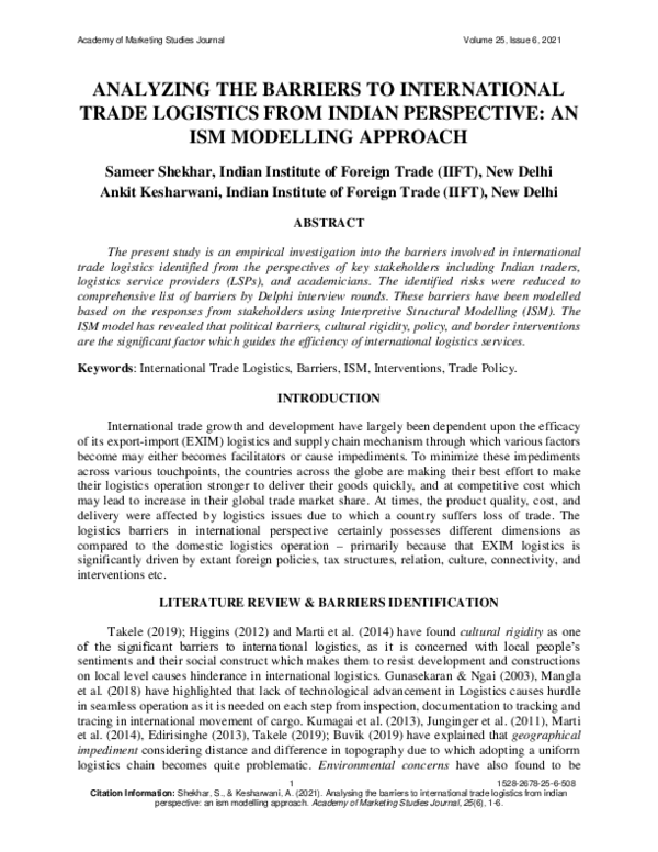 Pdf Analyzing The Barriers To International Trade Logistics From Indian Perspective An Ism