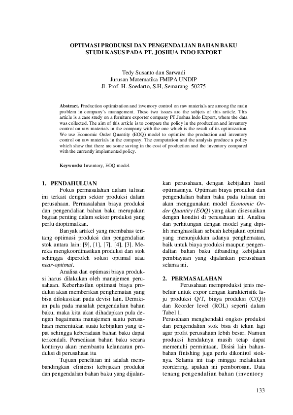 (PDF) Optimasi Produksi Dan Pengendalian Bahan Baku Studi Kasus Pada Pt. Joshua Indo Export