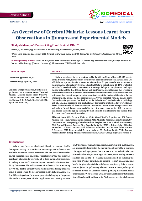 (PDF) An Overview of Cerebral Malaria: Lessons Learnt from Observations in Humans and ...