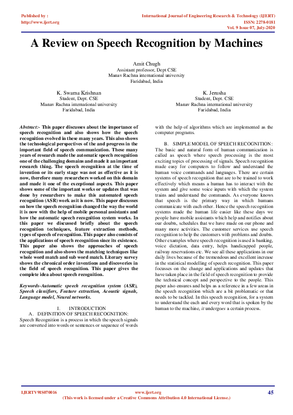 (PDF) A Review on Speech Recognition by Machines