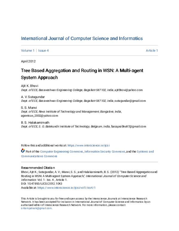Pdf Tree Based Aggregation And Routing In Wsn A Multi Agent System Approach Ajit Bhovi