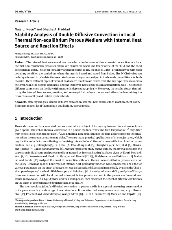 (PDF) Stability Analysis of Double Diffusive Convection in Local Thermal Non-equilibrium Porous ...