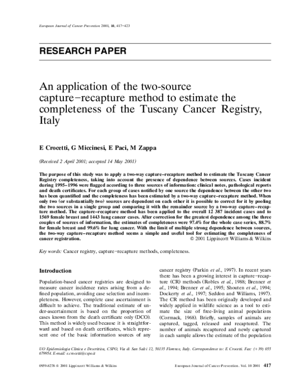 Pdf An Application Of The Two Source Capture Recapture Method To