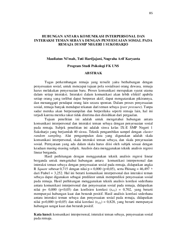 (PDF) Hubungan Antara Komunikasi Interpersonal Dan Interaksi Teman Sebaya Dengan Penyesuaian ...