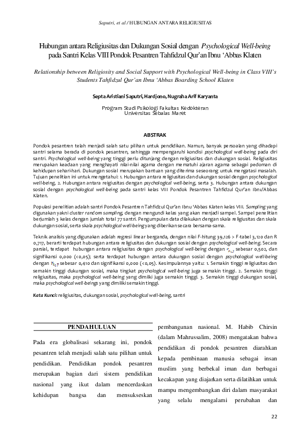 (PDF) Hubungan antara religiusitas dan dukungan sosial dengan psychological well-being pada ...