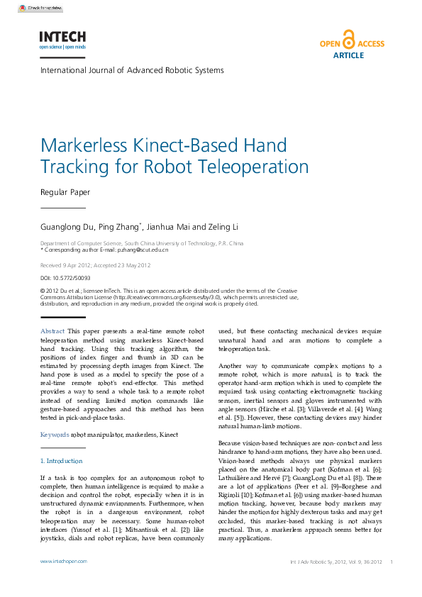 (PDF) Markerless Kinect-Based Hand Tracking for Robot Teleoperation