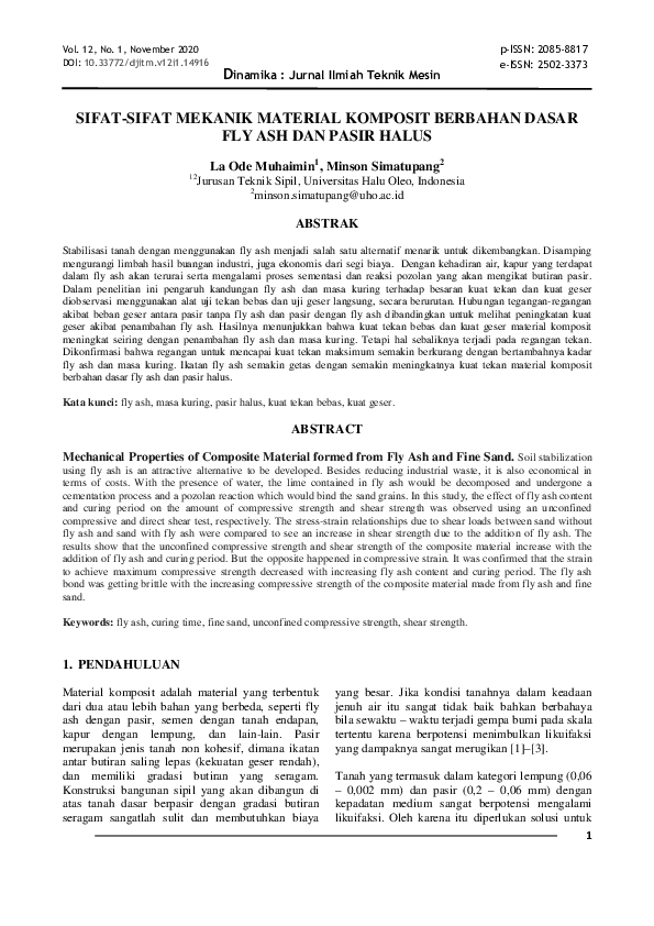 (PDF) Sifat-Sifat Mekanik Material Komposit Berbahan Dasar Fly Ash Dan Pasir Halus | Minson ...