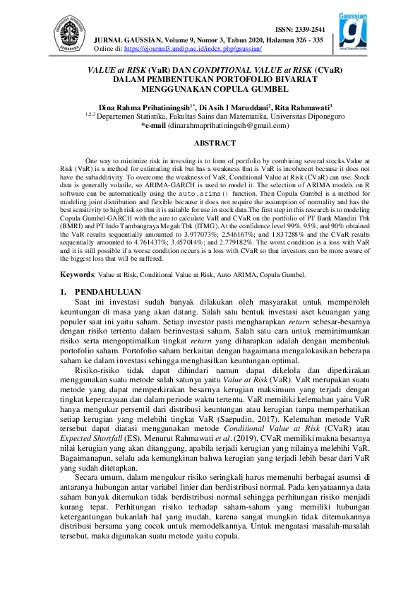 (PDF) VALUE at RISK (VaR) DAN CONDITIONAL VALUE at RISK (CVaR) DALAM PEMBENTUKAN PORTOFOLIO ...