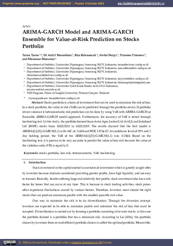 (PDF) ARIMA-GARCH Model and ARIMA-GARCH Ensemble for Value-at-Risk Prediction on Stocks Portfolio