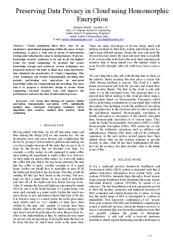 (PDF) Preserving Data Privacy in Cloud using Homomorphic Encryption