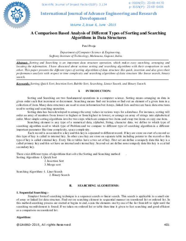 Pdf A Comparison Based Analysis Of Different Types Of Sorting And Searching Algorithms In Data