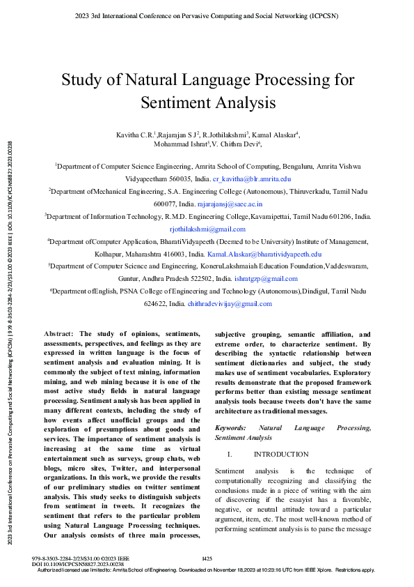 (PDF) Study of Natural Language Processing for Sentiment Analysis