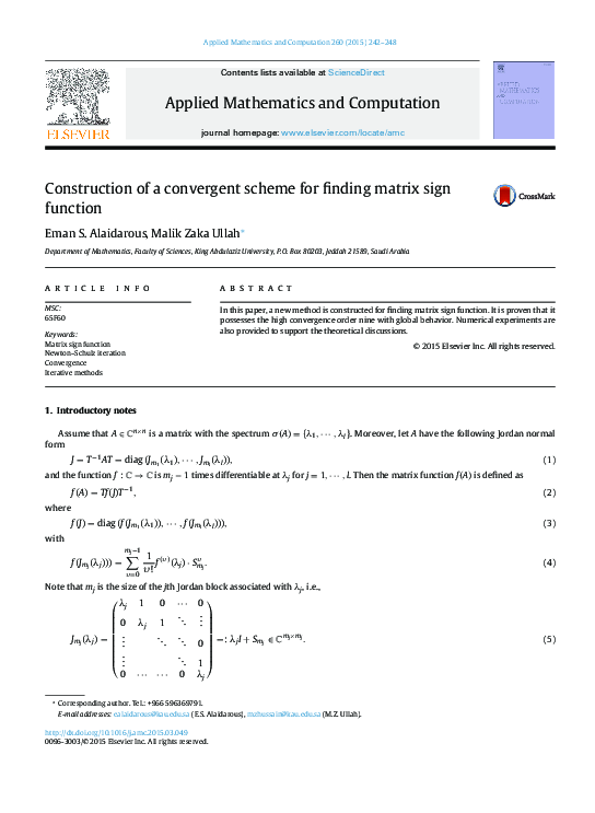 (PDF) Construction of a convergent scheme for finding matrix sign function