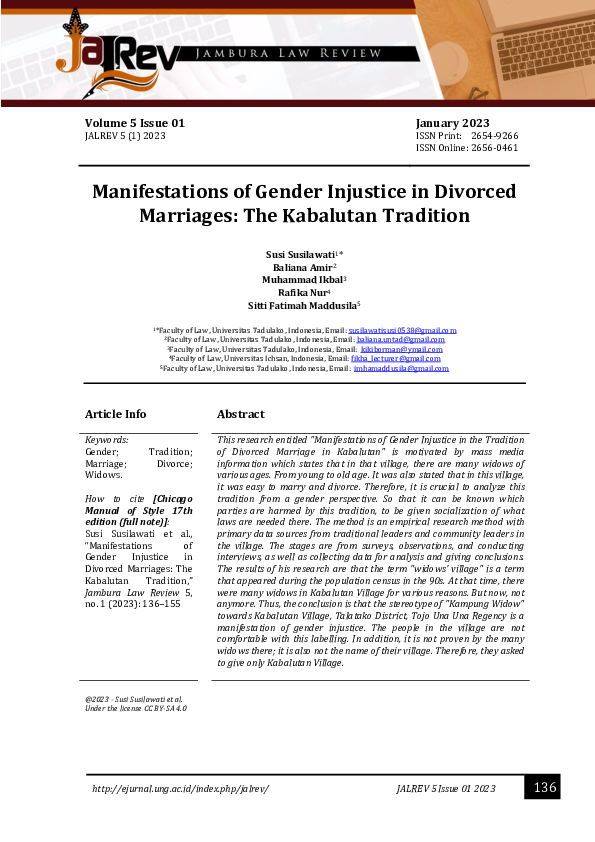 (PDF) Manifestations of Gender Injustice in Divorced Marriages: The Kabalutan Tradition