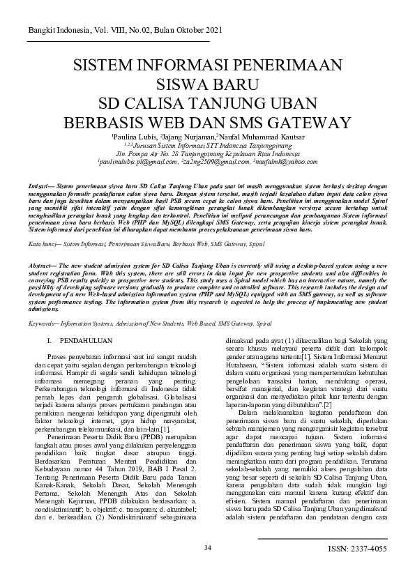 (PDF) Sistem Informasi Penerimaan Siswa Baru Sd Calisa Tanjung Uban Berbasis Web Dan Sms Gateway