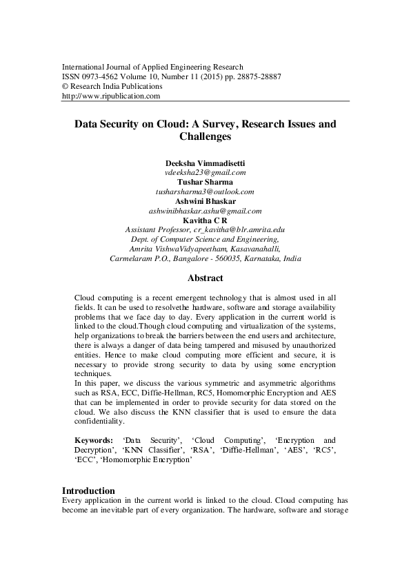 (PDF) Data Security on Cloud: A Survey, Research Issues and Challenges