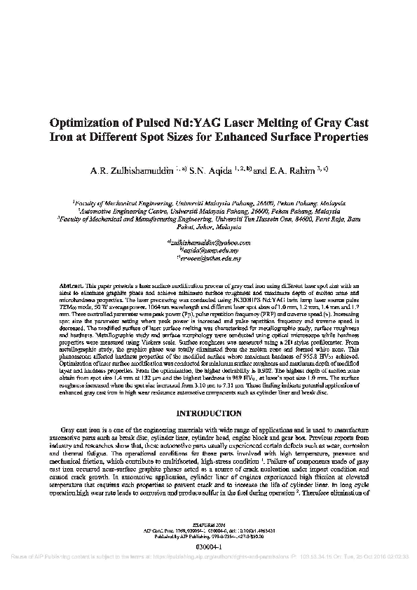 Pdf Optimization Of Pulsed Nd Yag Laser Melting Of Gray Cast Iron At Different Spot Sizes For