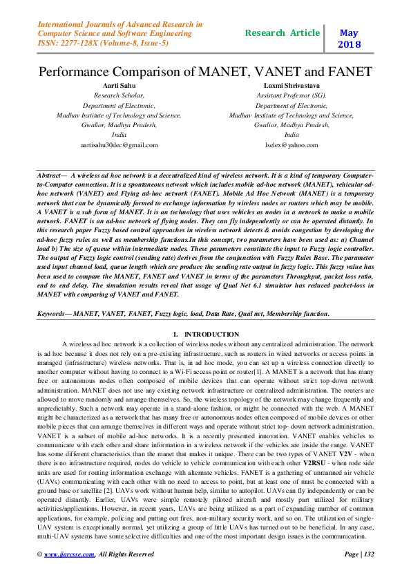 (PDF) Comparison of MANET, VANET, and FANET Performance
