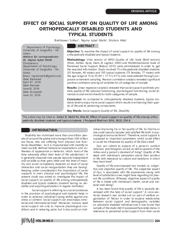 (PDF) Effect of Social Support on Quality of Life Among Orthopedically ...
