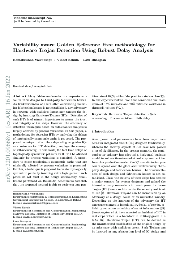 (PDF) Variability aware Golden Reference Free methodology for Hardware Trojan Detection Using ...