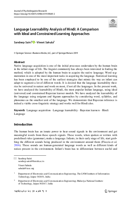 (PDF) Language learnability analysis of Hindi: a comparison with ideal and constrained learning ...