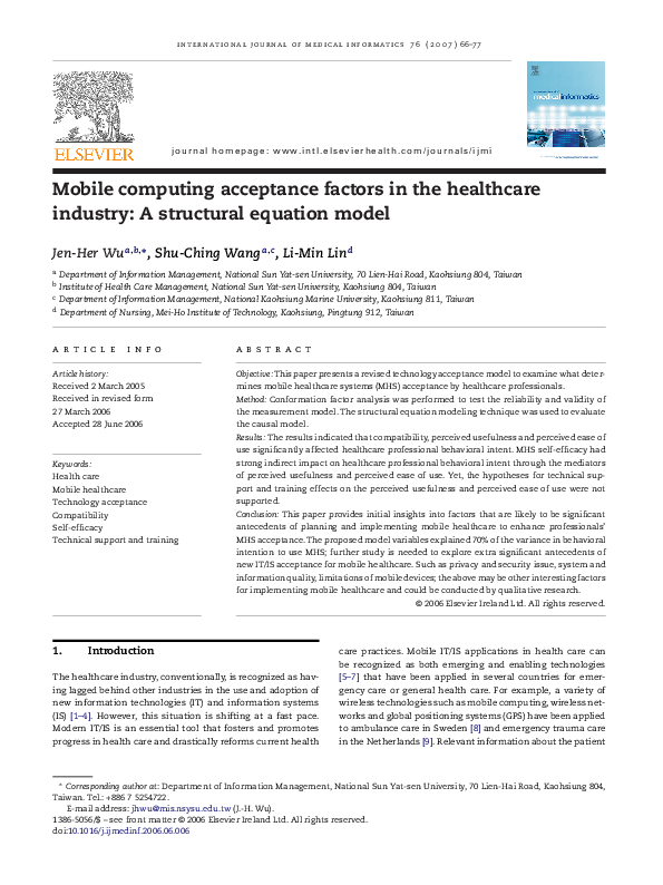 (PDF) Mobile computing acceptance factors in the healthcare industry: A structural equation model