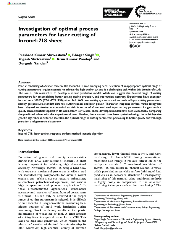 Pdf Investigation Of Optimal Process Parameters For Laser Cutting Of Inconel 718 Sheet Arun