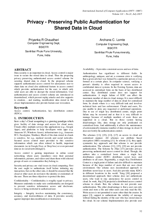 (PDF) Privacy - Preserving Public Authentication for Shared Data in Cloud