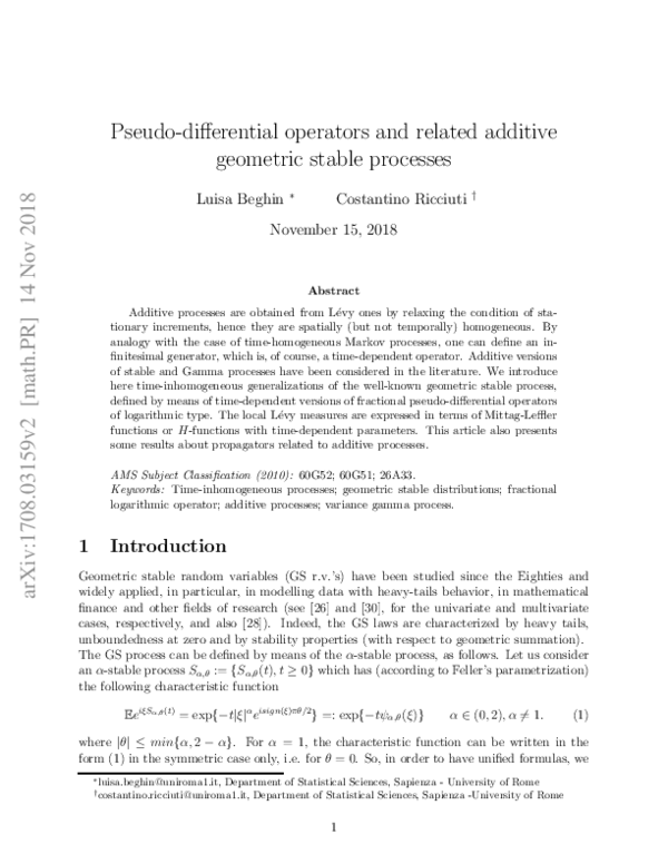 (PDF) Pseudo-differential operators and related additive geometric stable processes