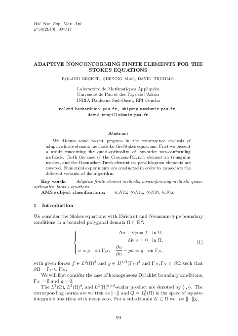 Pdf Adaptive Nonconforming Finite Elements For The Stokes Equations