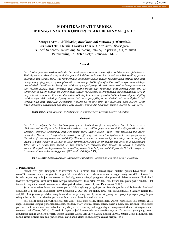 (PDF) Modifikasi Pati Tapioka Menggunakan Komponen Aktif Minyak Jahe