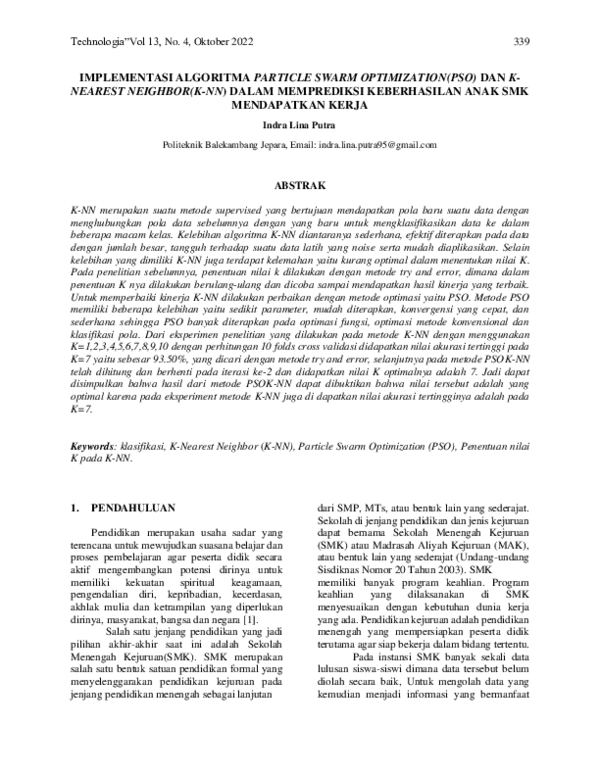 (PDF) Implementasi Algoritma Particle Swarm Optimization(Pso) Dan K ...