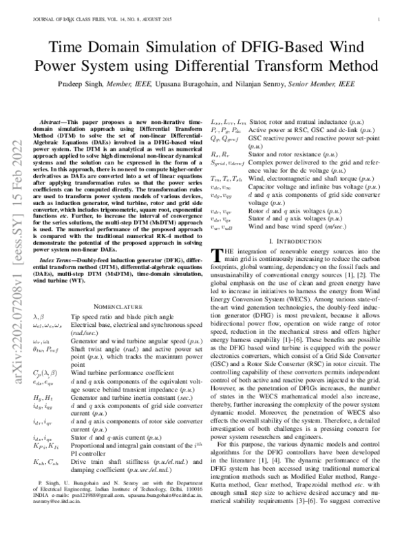 Pdf Time Domain Simulation Of Dfig Based Wind Power System Using Differential Transform Method