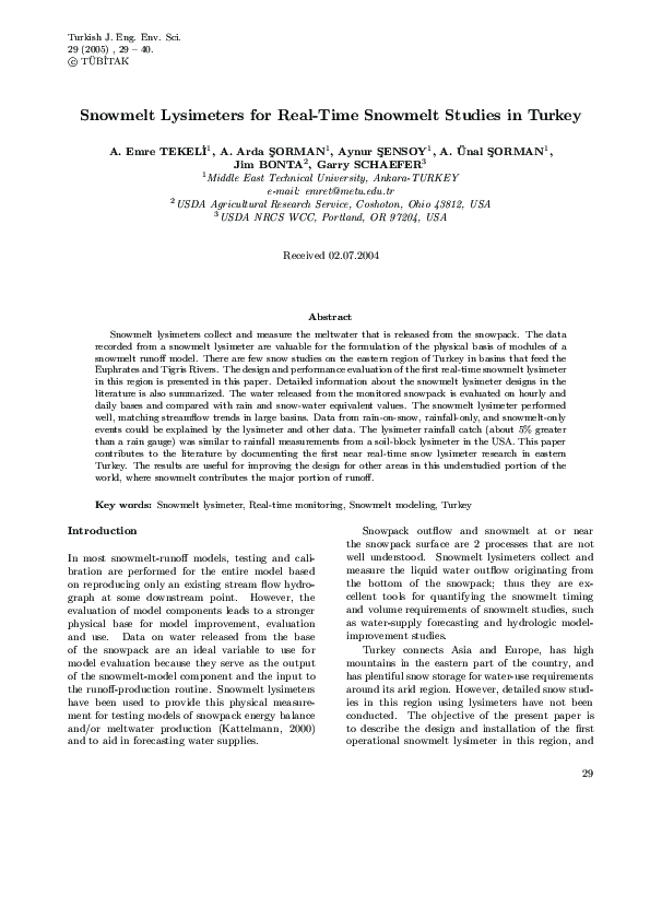(PDF) Snowmelt Lysimeters for Real-Time Snowmelt Studies in Turkey