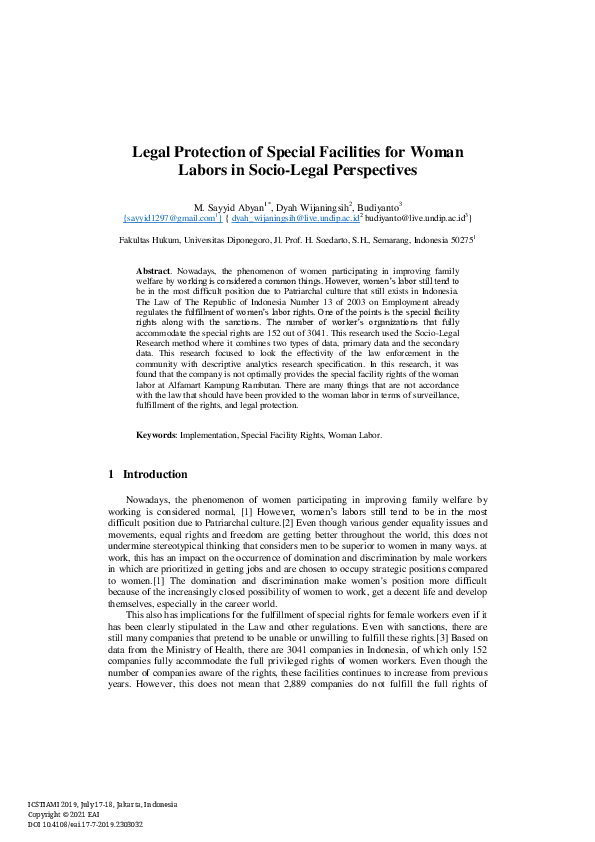 (PDF) Legal Protection of Special Facilities for Woman Labors in Socio ...