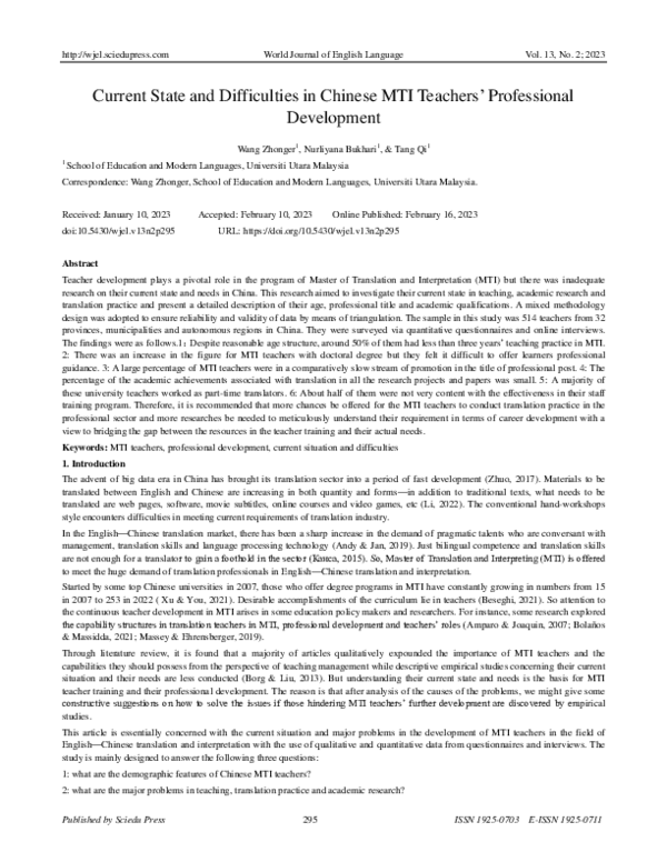 (PDF) Current State and Difficulties in Chinese MTI Teachers ...