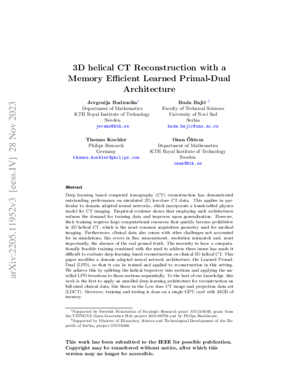 (PDF) 3D helical CT reconstruction with memory efficient invertible Learned Primal-Dual method